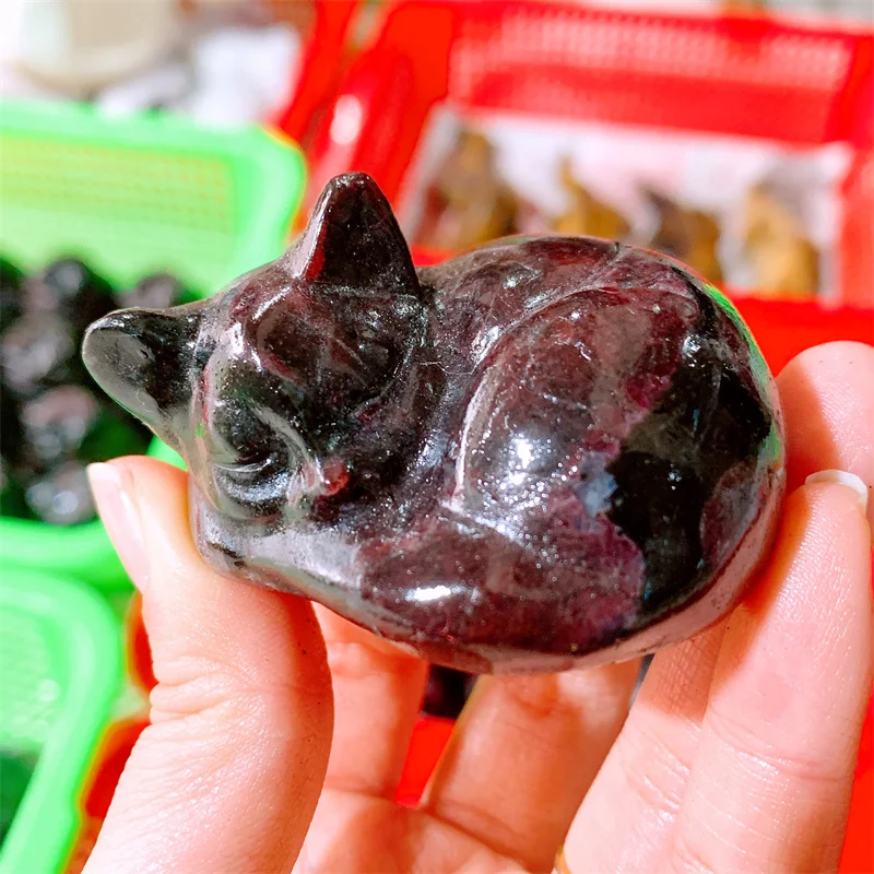 Natural-Garnet-Sleeping-Cat-Reiki-Home-Room-Decoration-Crystals-Quartz ...