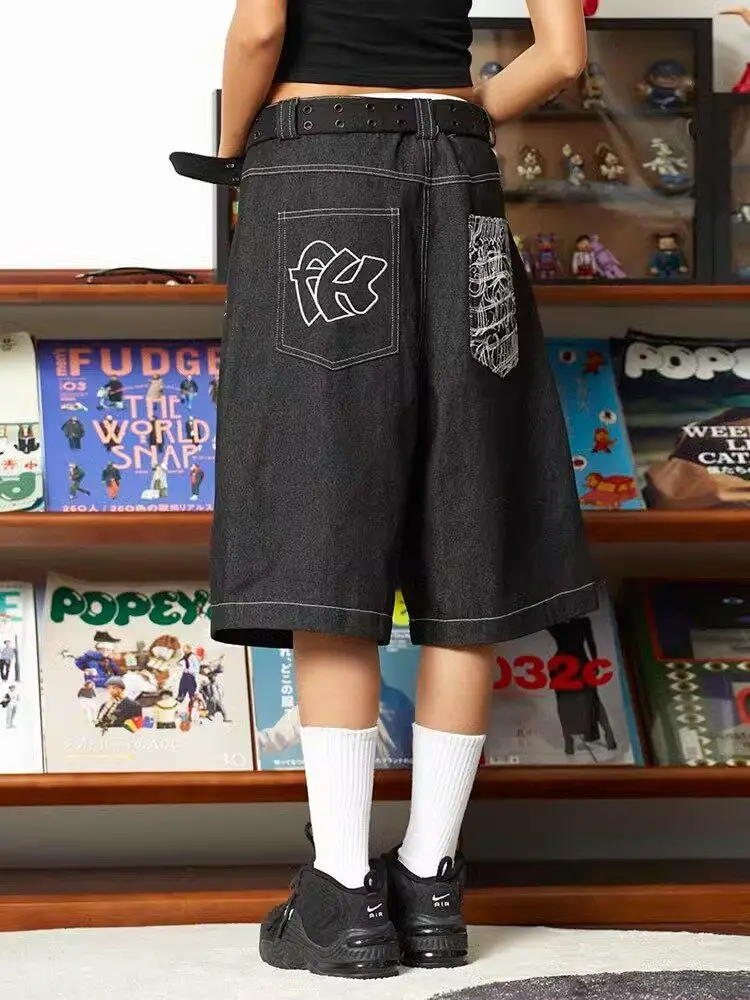 QWEEK-Y2k-Vintage-Baggy-Jorts-Women-Embroidery-Hip-Hop-Gothic ...