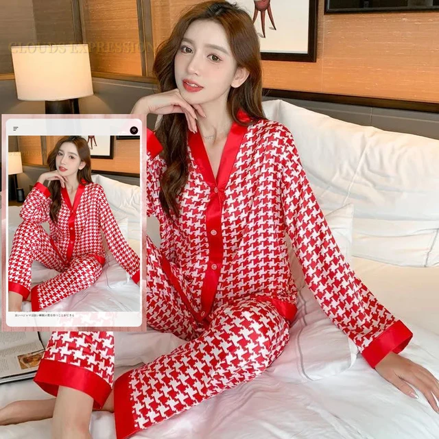 Spring Summer Ladies Faux Silk Polyester Pajama Sets Sexy Homewear Women's Casual Luxury Pajamas ...