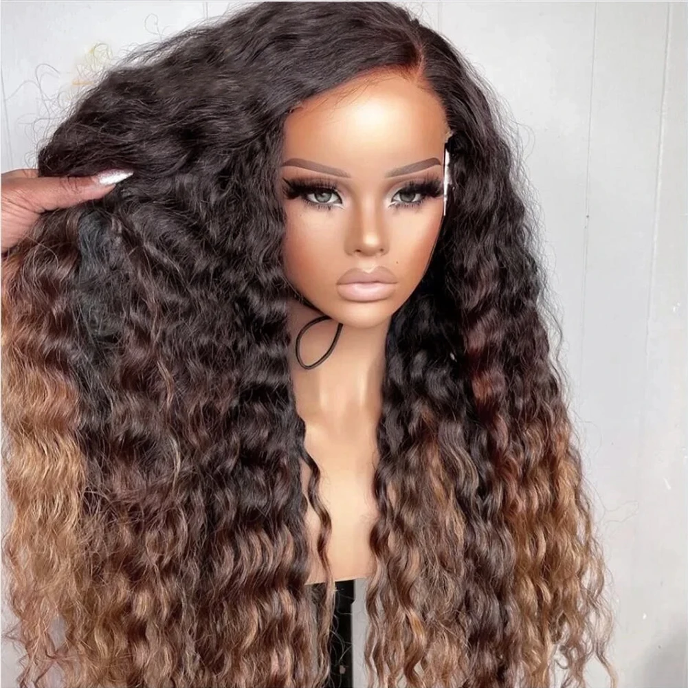 Kinky-Curly-Wigs-Ombre-Brown-Lace-Front-Wig-Water-Wave-Synthetic-Hair ...