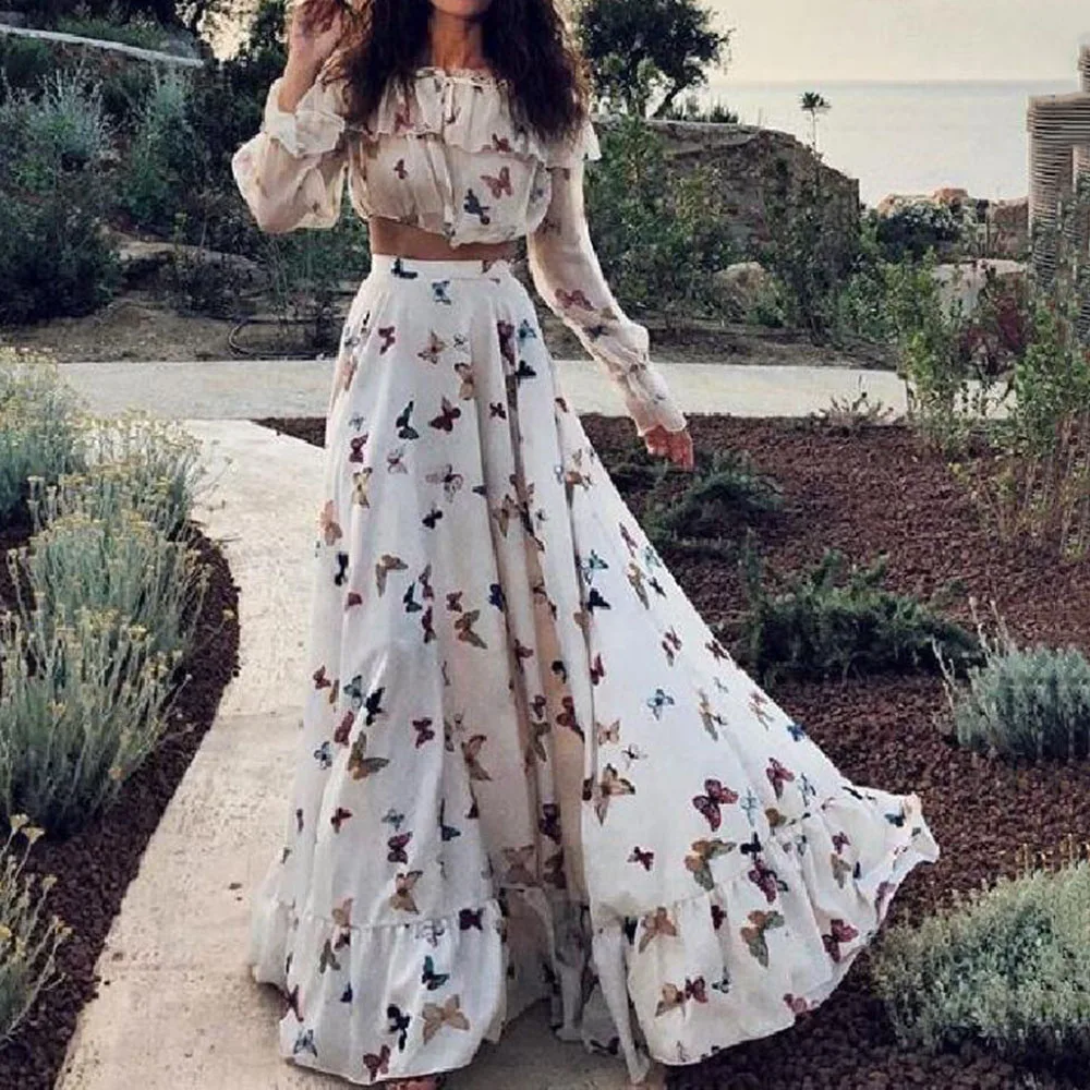 Butterfly Print Floral Two Piece Sets Beach Bohemian Wedding Guest Dress