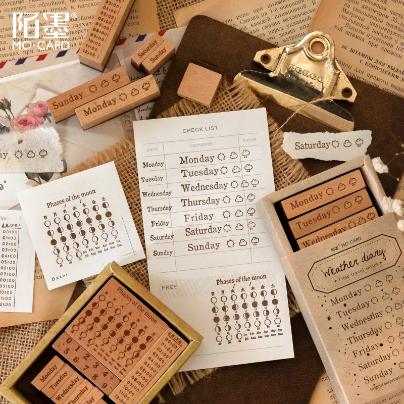 빈티지 시간 계획 단계 달 스탬프 세트 스크랩북을위한 Diy 나무 고무 스탬프 공예 카드 만들기 플래너 표준 스탬프