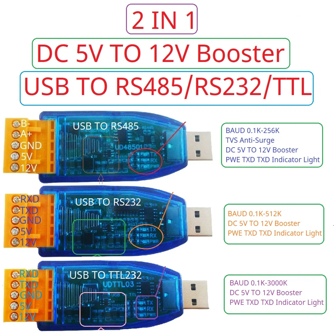 Generic 12v 5v Vcc Output Usb To Rs485 Rs232 Ttl Converter Uart Pc Com Serial Port Module For ...