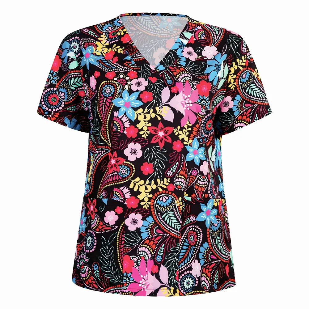 Women-s-Floral-Print-V-neck-Tops-Short-Sleeve-Work-Uniform-Patch ...