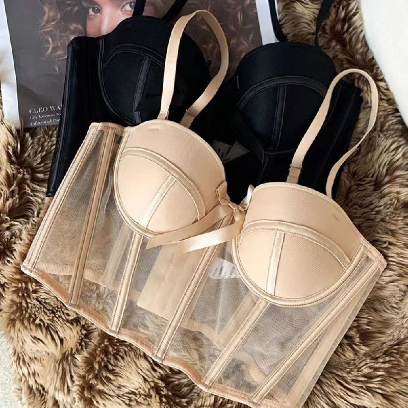 French Women Sexy Push Up Mesh Corset Transparent Soft Lace Bra Set ...