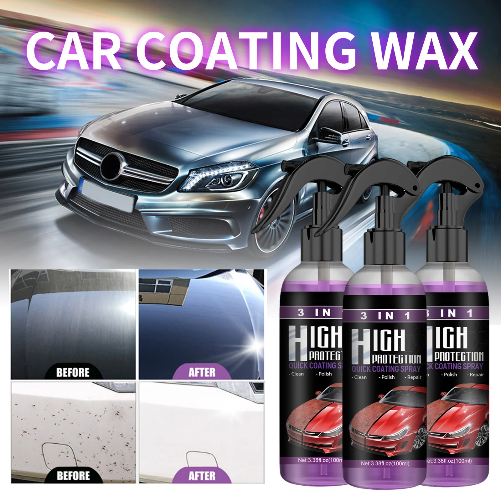 3PC 3 In 1 100ml Car Ceramic Coating Spray Auto Nano Ceramic Coating ...