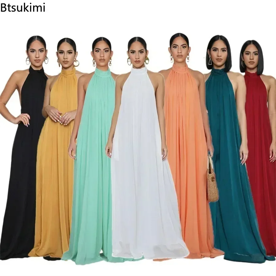 2026 New Women's Solid Chiffion Loose Halter Jumpsuits Sexy Backless ...