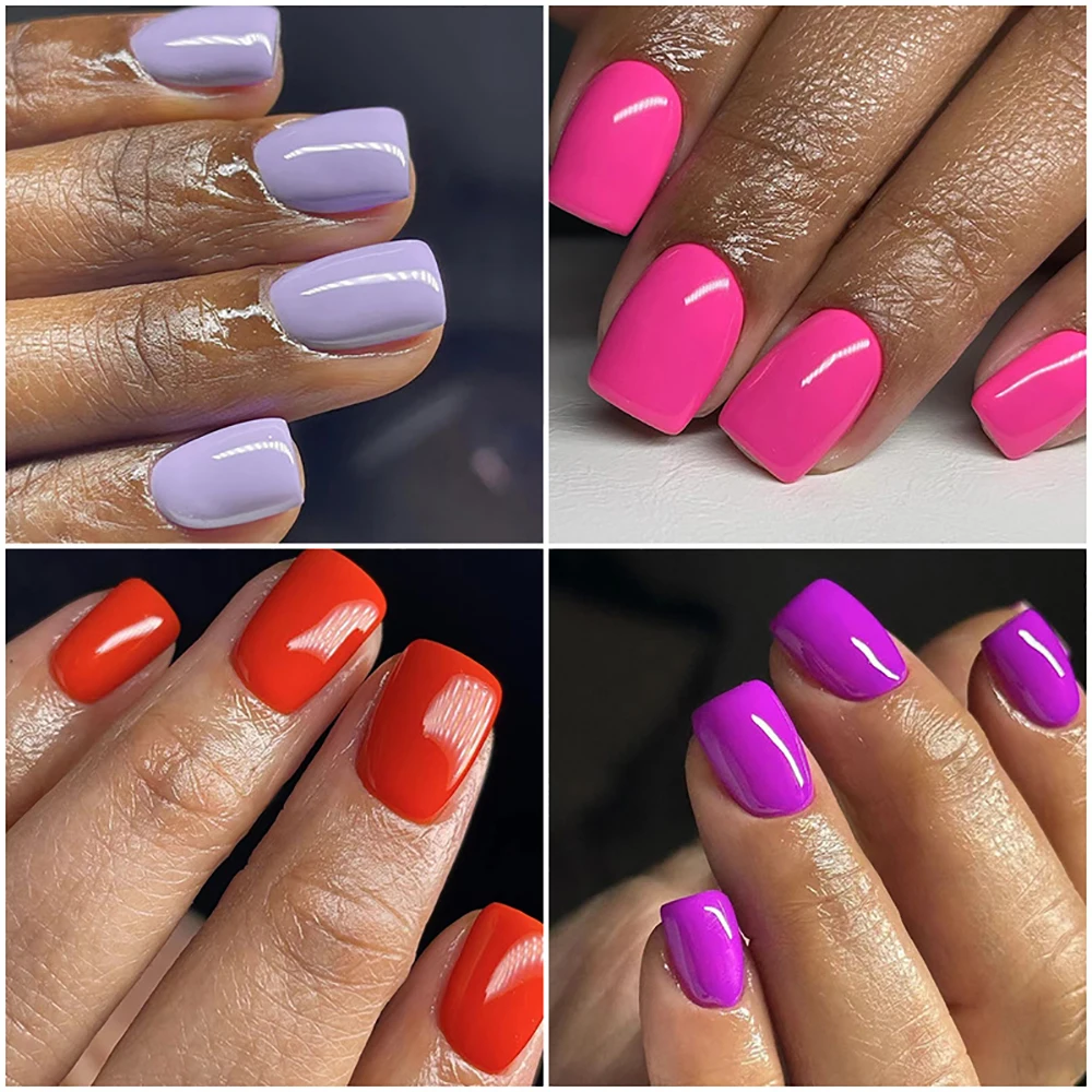 96pcs/set short square fake nails glossy summer 4 colors pink red ...