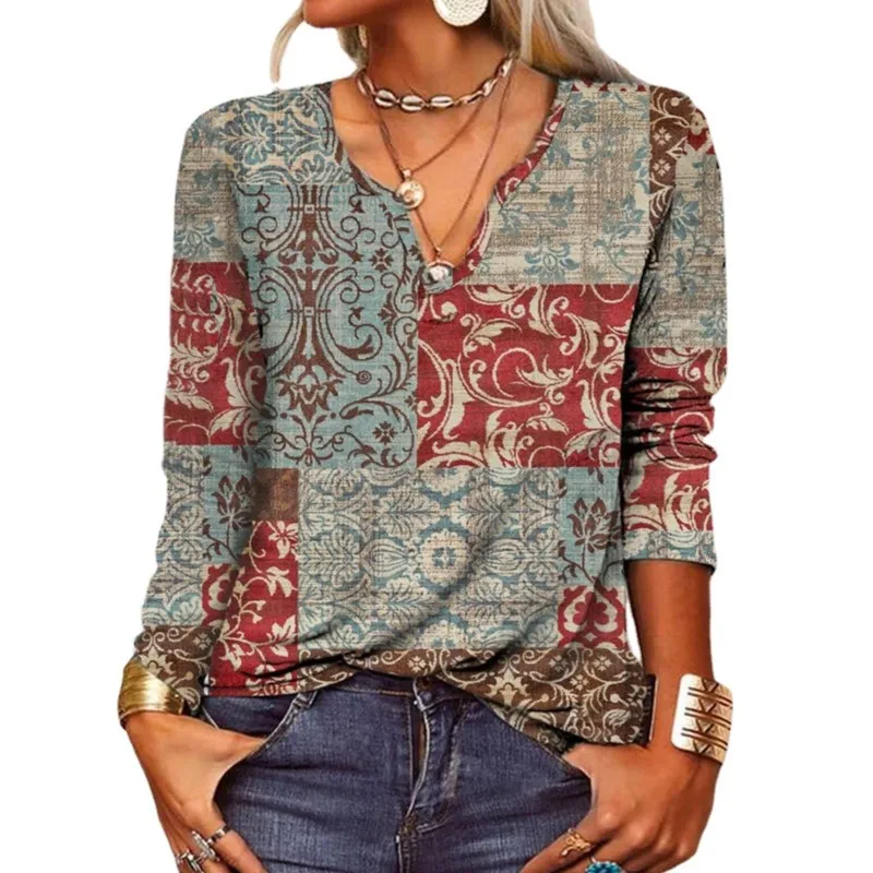 Casual-Loose-Tops-Vintage-Print-V-Neck-T-Shirt-Women-Autumn-Elegant ...