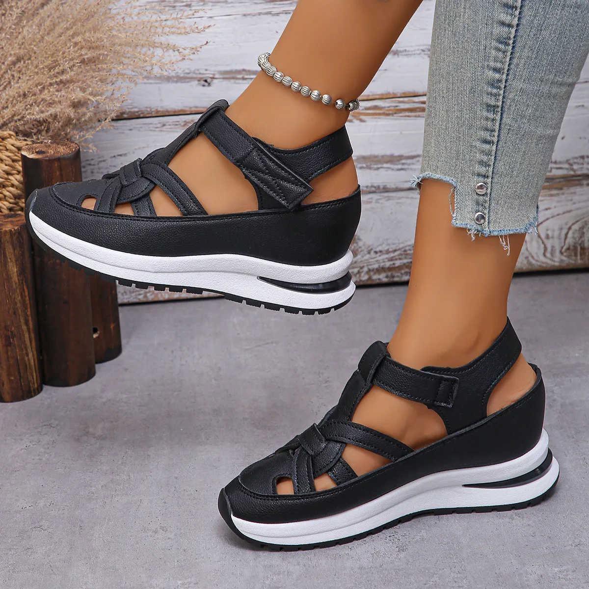 Low Sandals Woman Leather Shoes Closed Toe Breathable Clogs With Heel ...