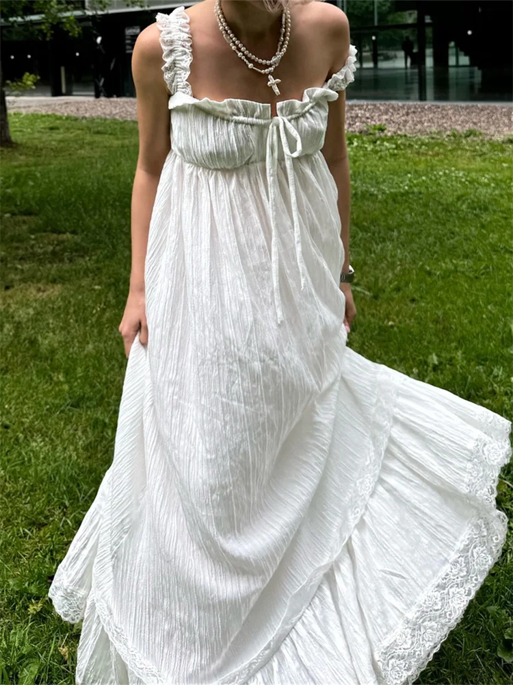 Women White Long Dress Lace Trim Tie-up V Neck Sleeveless Ruffle Loose ...
