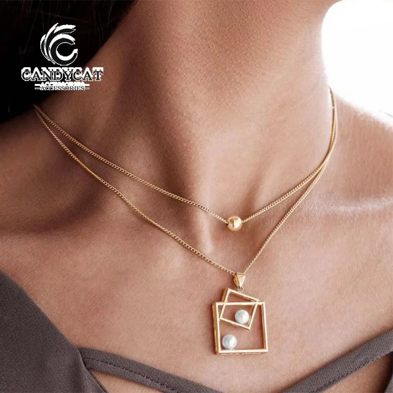 Japan and Korea New Square Pendant Pearl Necklace Women's Trend Simple ...