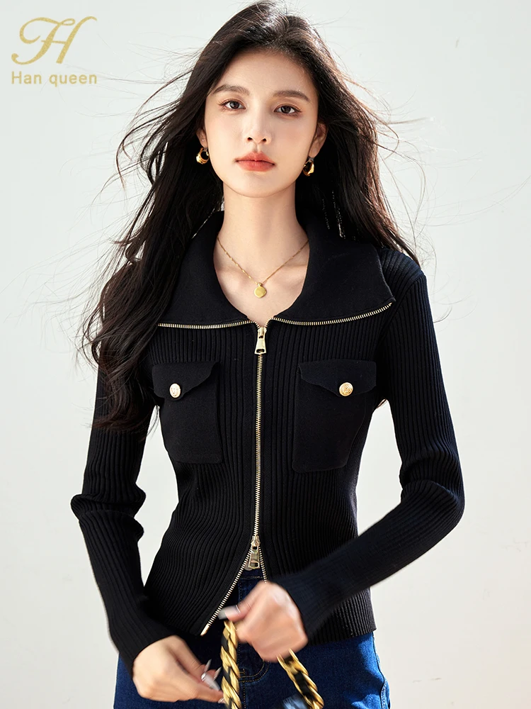 H Han Queen Autumn Cardigan Sweater Fashion Zipper Simple Basic Women ...