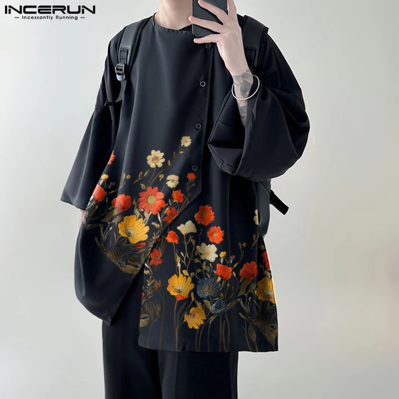 INCERUN Men Shirt Flower Printing O-neck Long Sleeve Button Irregular ...