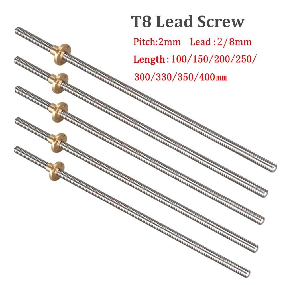 2pcs T8 Lead Screw Trapezoidal Rod Pitch 2mm Lead 2mm/8mm 100/150/200 ...