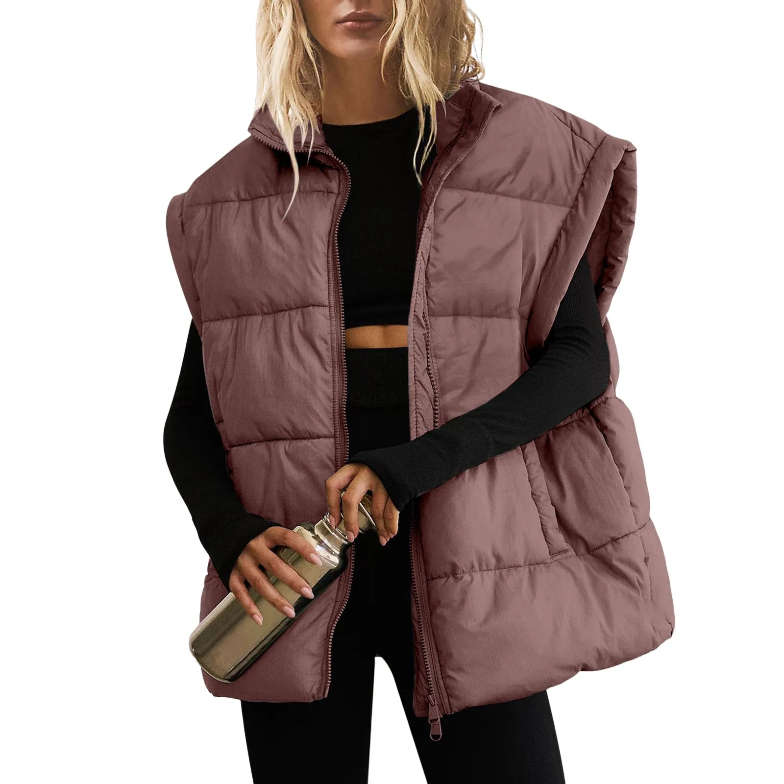 Women-S-Winter-Oversized-Puffy-Vest-Lightweight-Stand-Flight-Sleeves ...