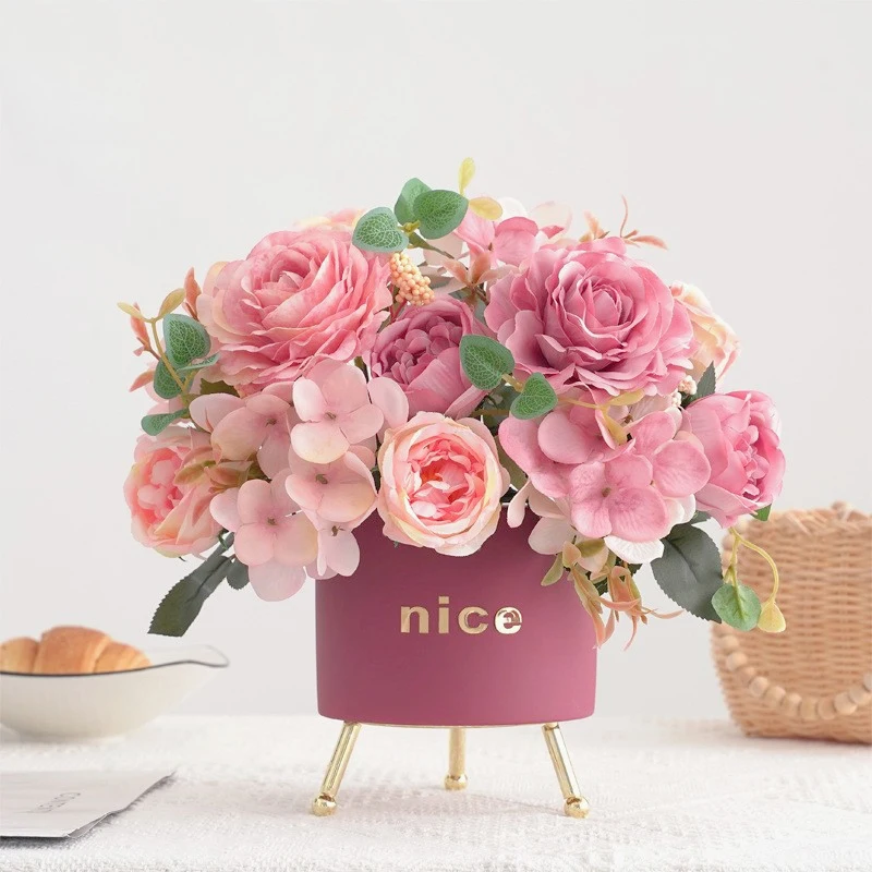 30cm Rose Pink Silk Peony Artificial Flowers Bouquet 5 Big Head and 4 ...