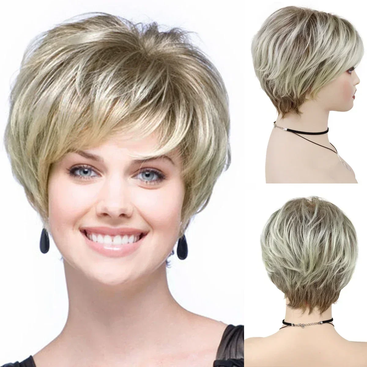 Old Lady Synthetic Hair Blonde Wig with Bangs Natural Short Wig for ...