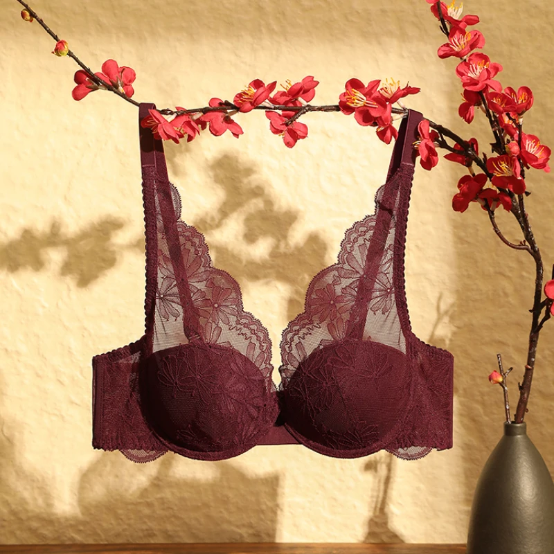 Red Black Lace Bra for Women Sexy Hot Bra Thin Unlined Minimizer ...