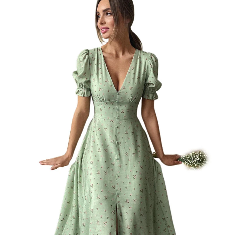 Women's Sexy Print Fashion Elegant V Neck Slit Floral Midi Dress