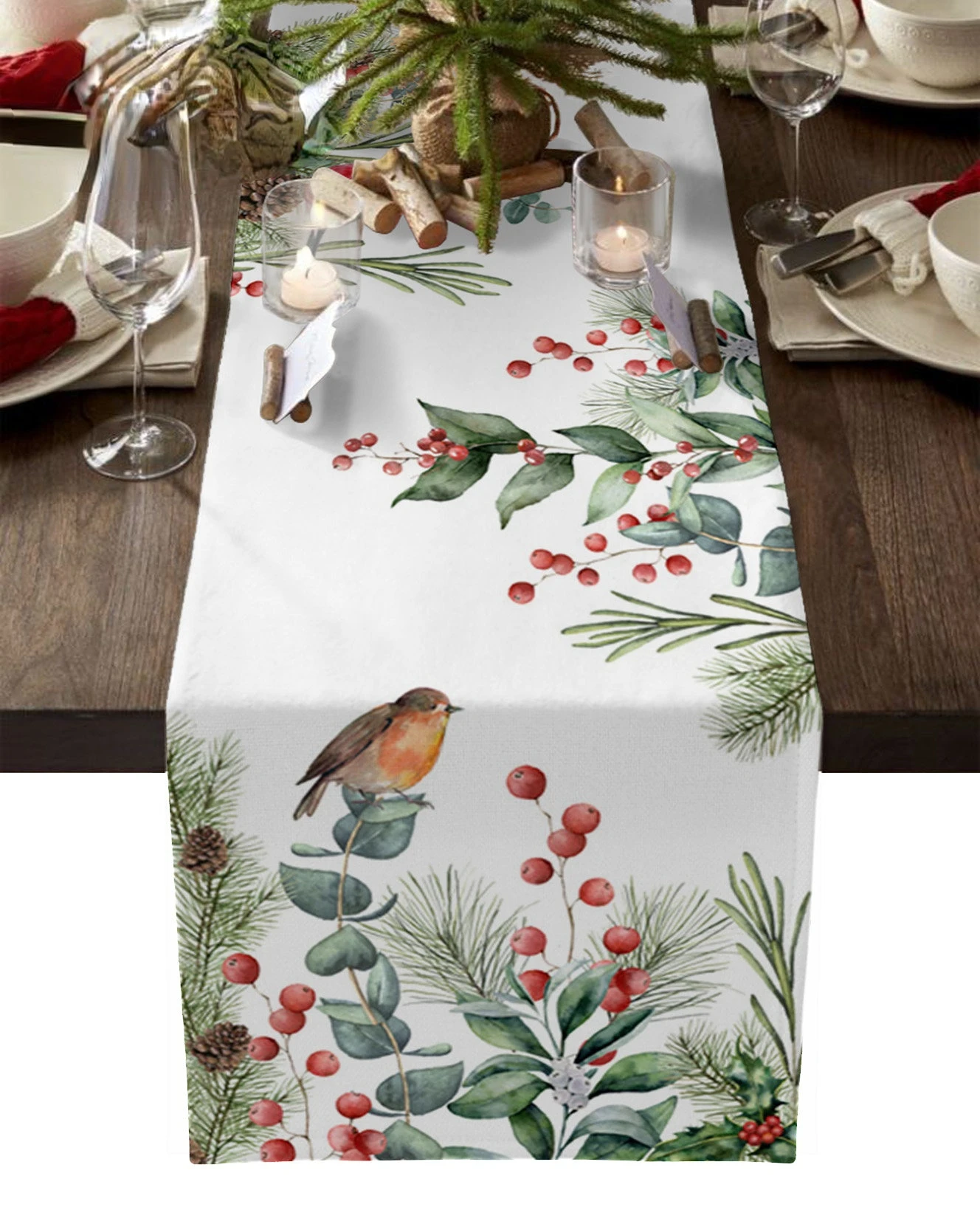 Modern Elegant Table Runner Eucalyptus Berries Robin Table Runner ...
