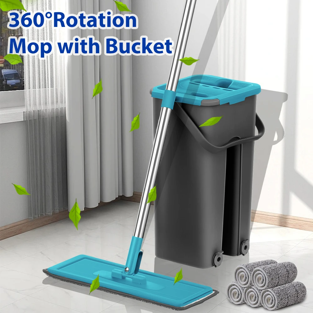 Flat-Squeeze-Mop-and-Bucket-Hand-Free-Wringing-Floor-Cleaning-Mop ...