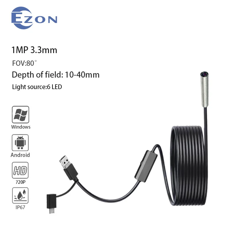 New 3.3mm 80° Endoscope Camera 720P HD USB Endoscope With 6 LED 1.5M ...