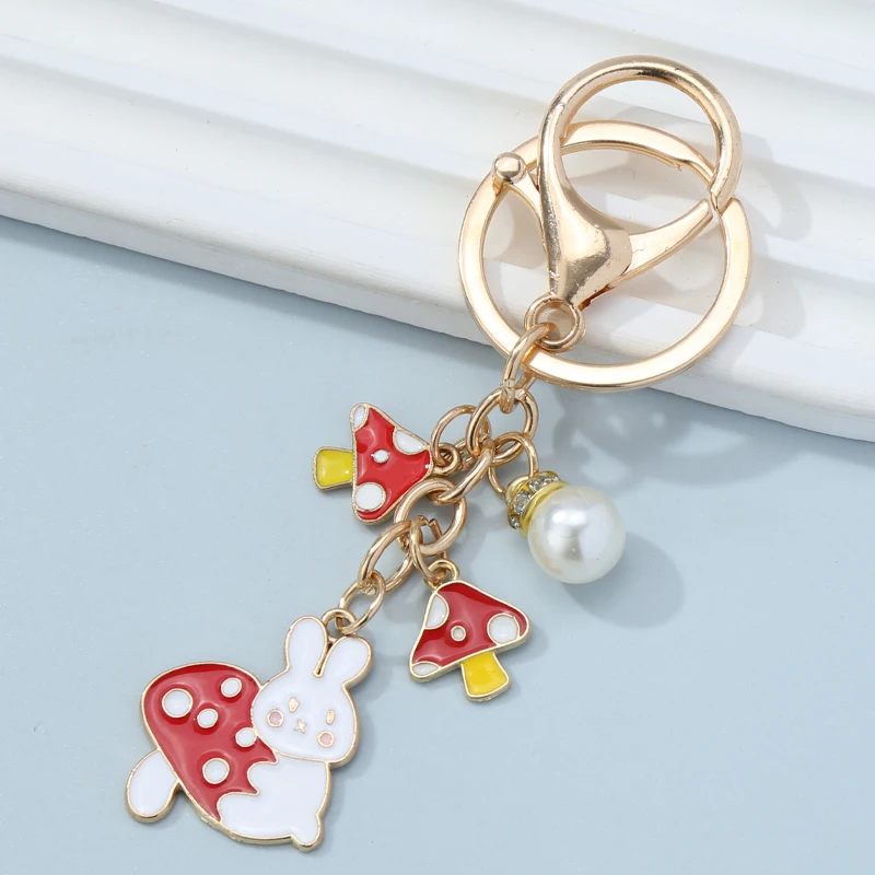 Cute-Enamel-Keychain-Mushroom-Rabbit-Pearl-Key-Ring-Animal-Clasp-Key ...