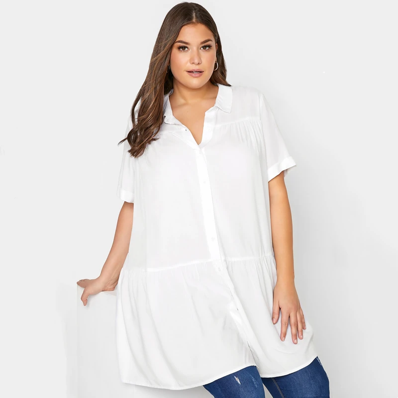 Plus Size Summer Elegant Longline Smock Shirt Women Short Sleeve Black ...