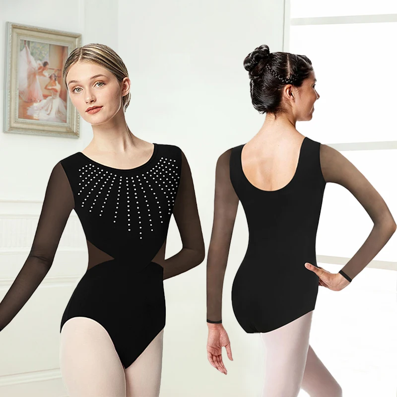 Women Ballet mesh Long Sleeve Dance Leotard Shiny Front Hot Drill Dance ...
