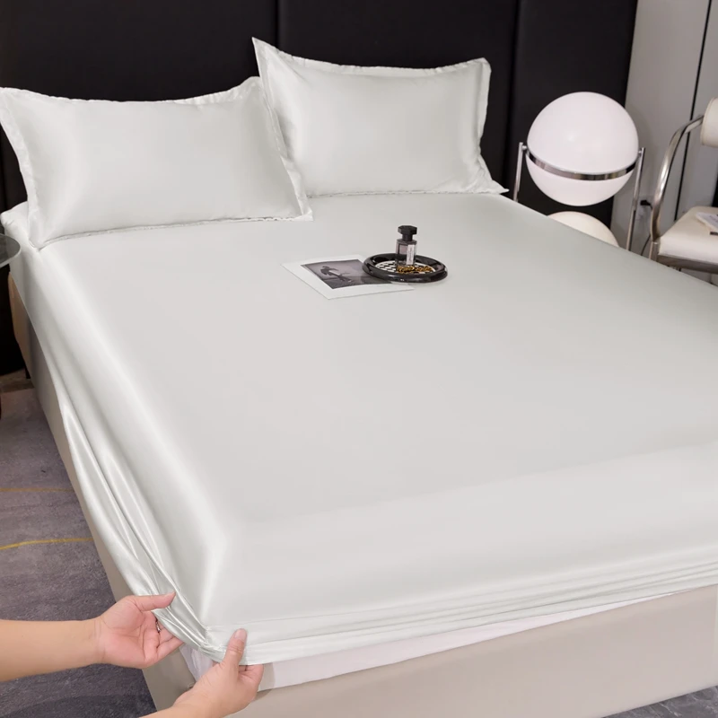 High-End Rayon Satin Fitted Sheet Silky Solid Color Bed Sheet Elastic ...