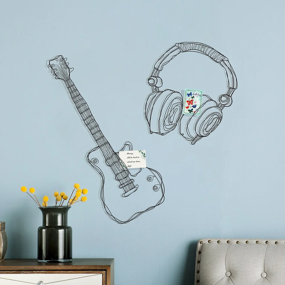 Metal Wire Guitar Wall Decor Art Iron Music Wall Sculpture Wire Headset ...