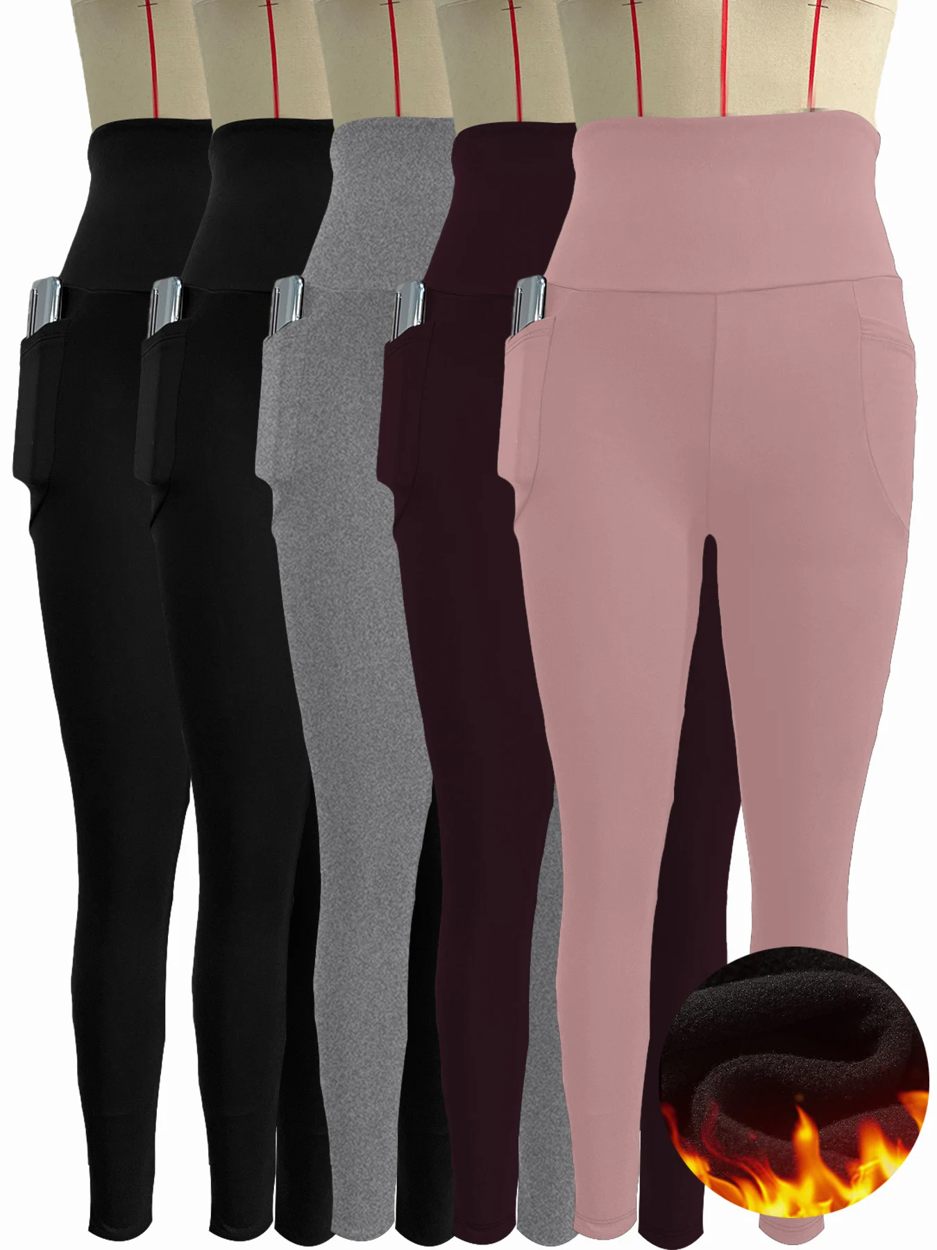 Lot de 5 leggings thermiques doublés en polaire pour femme, taille ...
