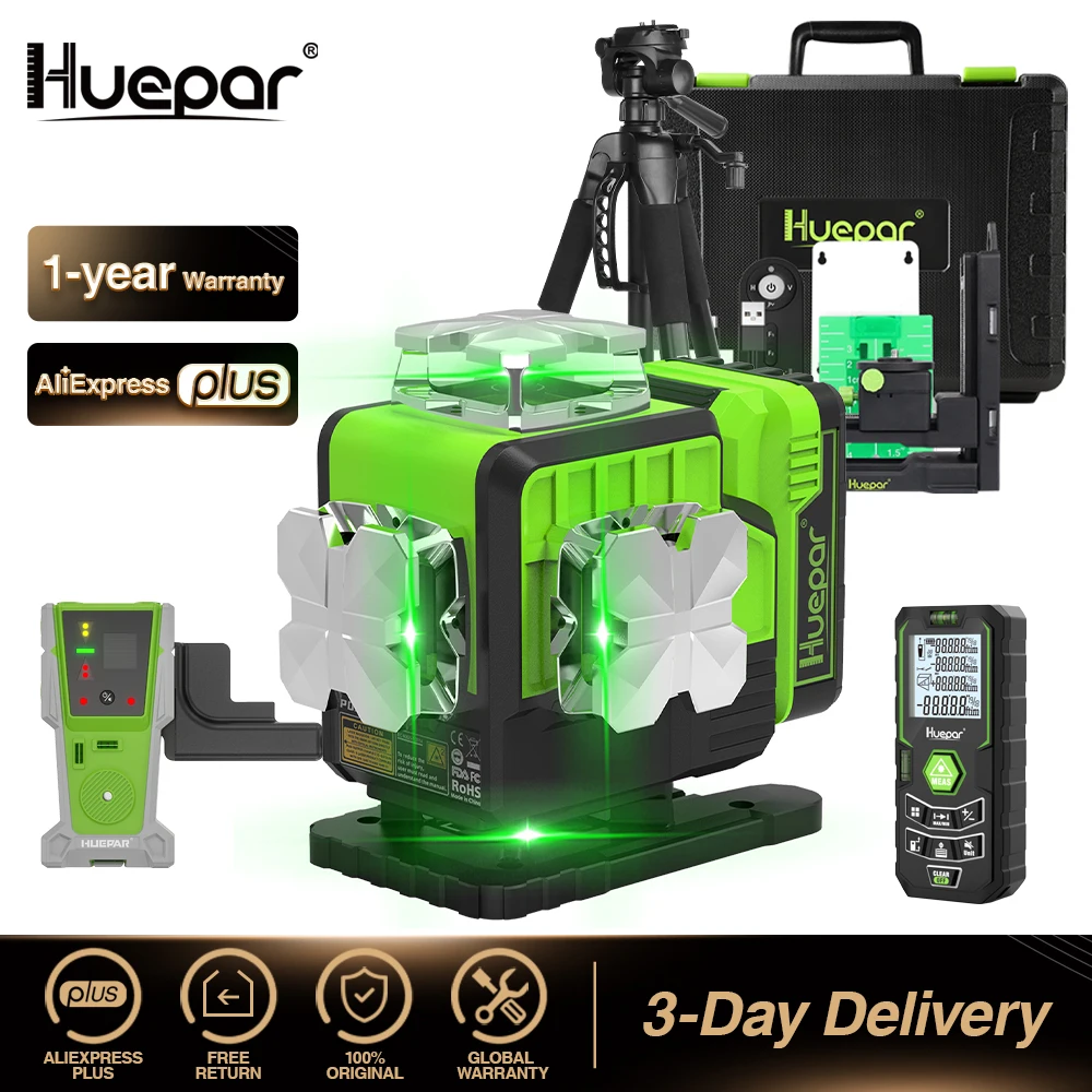 Huepar 16 Lines Laser Level With Receiver Tripod Rangefinder 4D Green ...