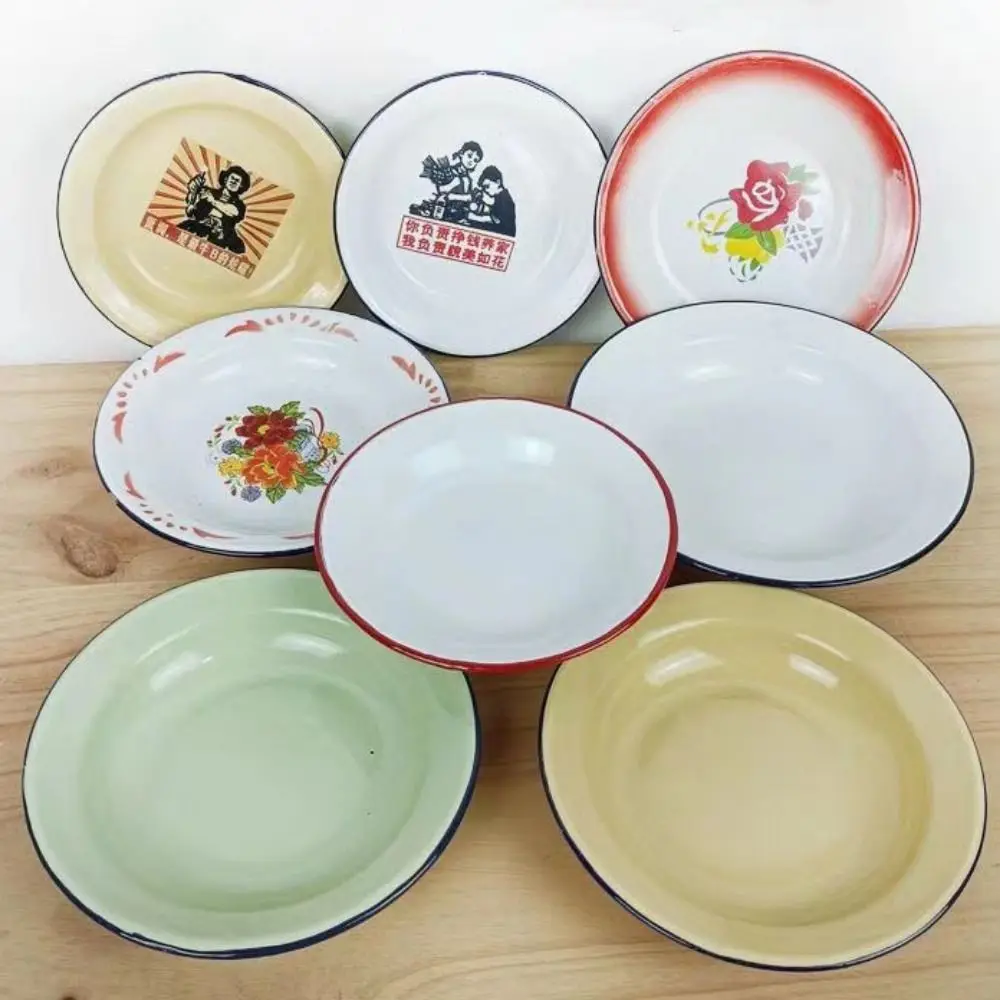 Retro Enamel Plate Classic Round Fruit Plate Snack Bread Dessert Dish ...