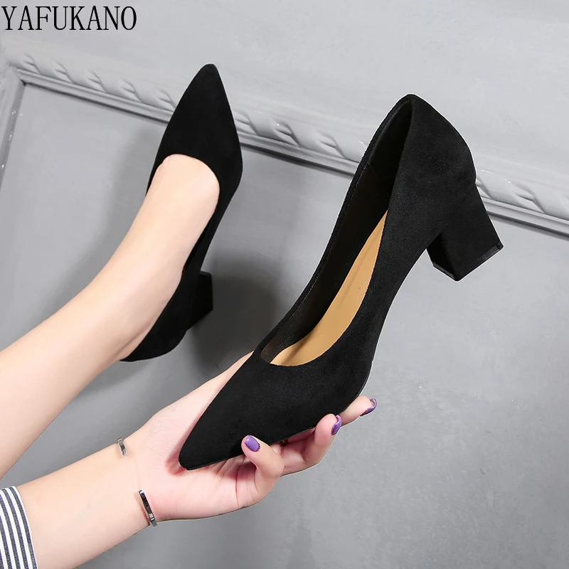 Classic-Simple-Square-Heel-Women-Shoes-Solid-Flock-Office-Dress-High ...