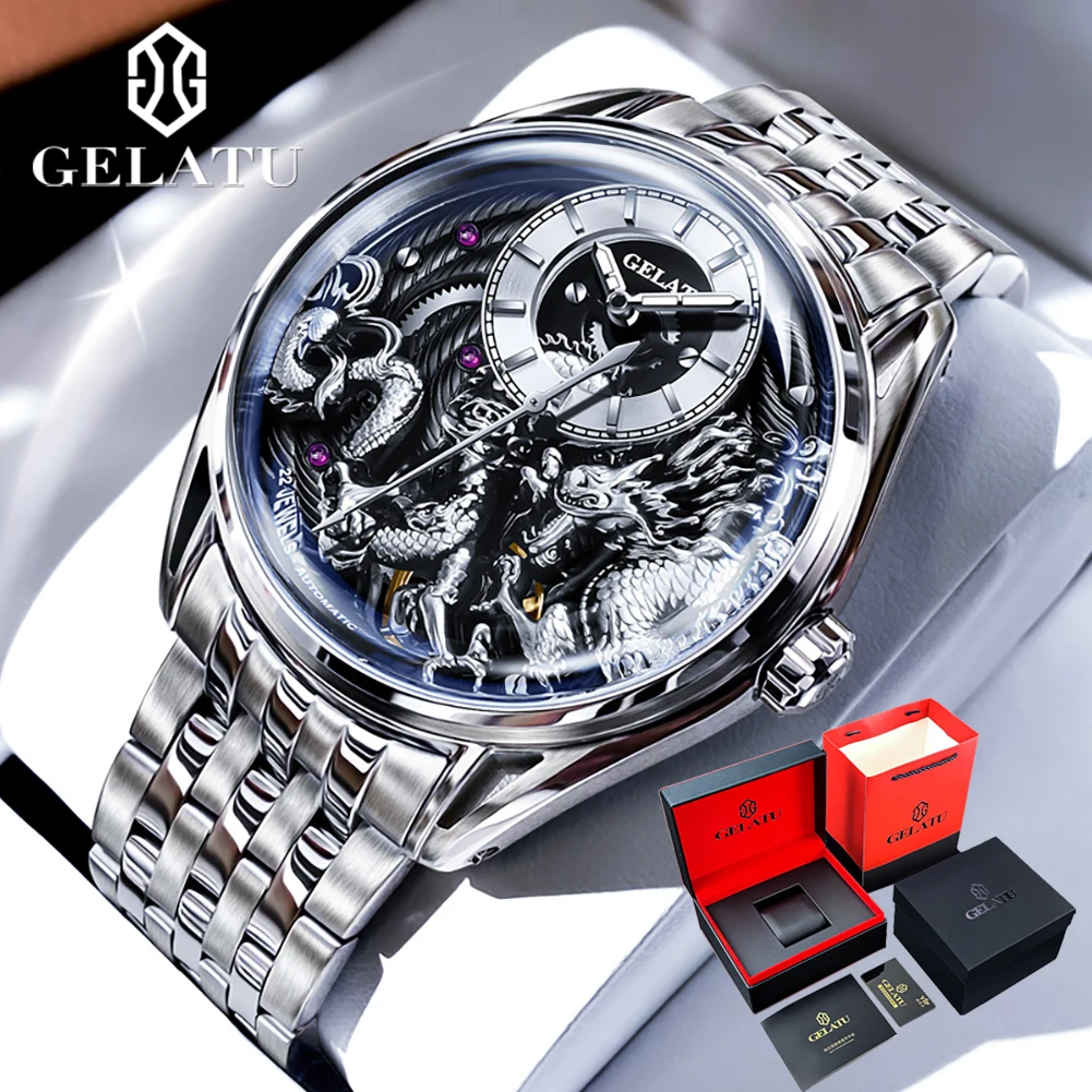 GELATU-Dragon-Watch-for-Men-Classic-Stainless-Steel-Silver-Automatic ...