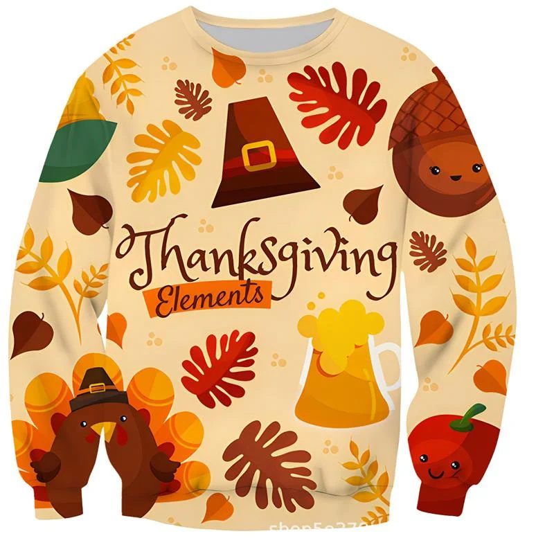 3D Printed Thanksgiving Sweatshirt For Men Pumpkin Turkey Pattern ...