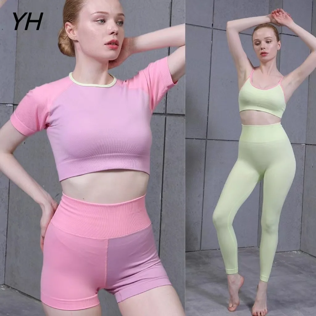 Splice Color Seamless Women Yoga Set Workout Sportswear Gym Clothes Fitness Short Sleeve Crop ...