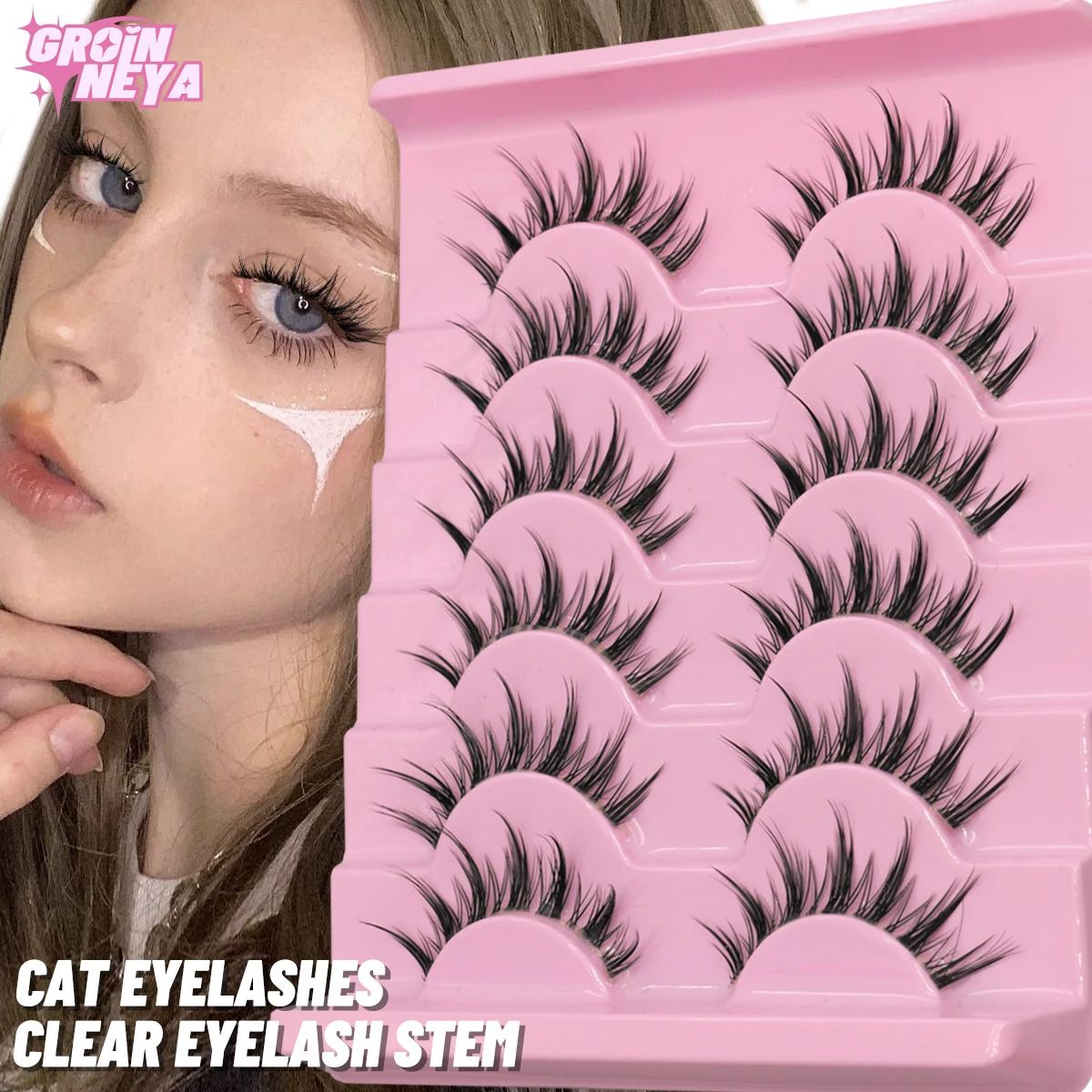 GROINNEYA Cat eye Lashes 5/6 pairs Clear Band Lashes Natural Look 6D ...