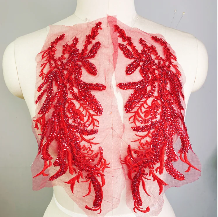 1 PC Deep Red Full Bead Lace Collar Fabric Ribbon Trim DIY Embroidery ...