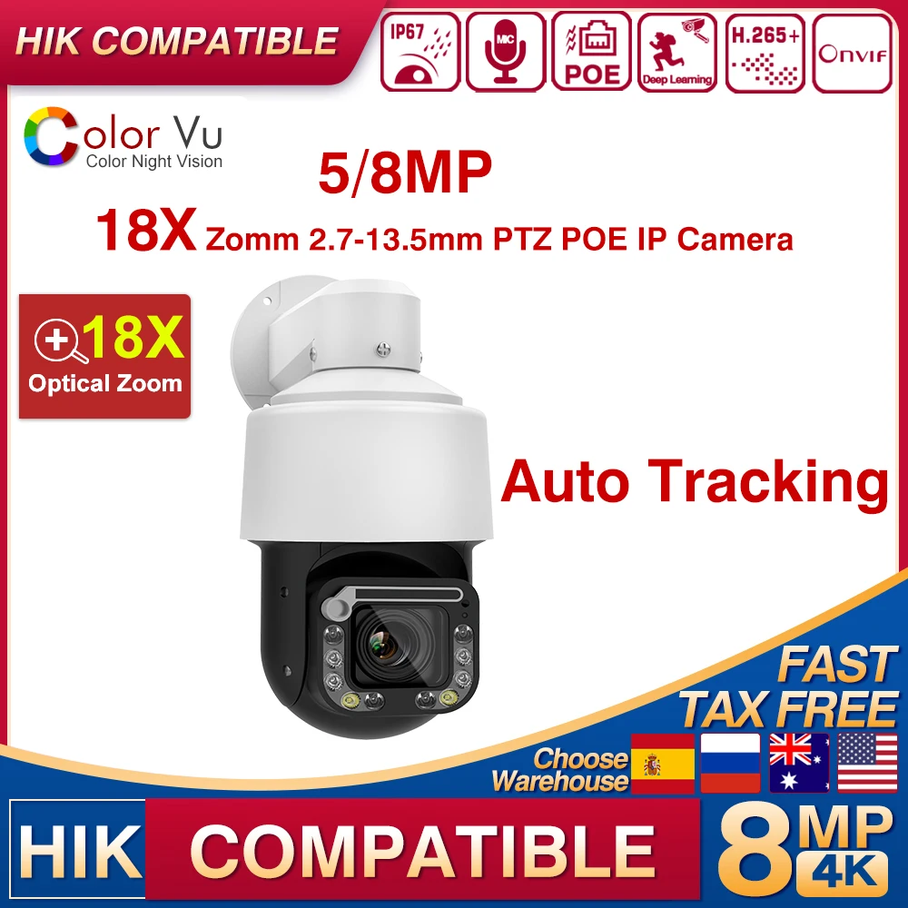 Hikvision Compatible 4K 8MP POE PTZ 18X Optical Zoom Camera IP66 Built ...