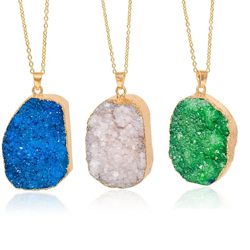 Irregular Druzy Quartz Stone Pendant Necklace for Women Crystal Cluster ...