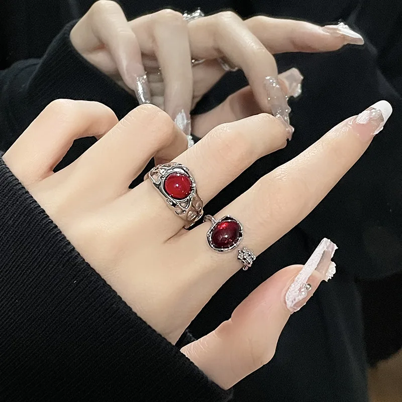 Irregular Rings With Opal Aesthetic Egirl Hollow Vintage Red Stone Rings For Women Y2k Flower ...