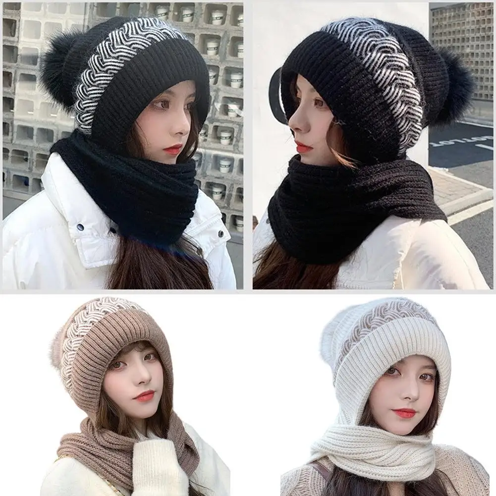 Winter-Thick-Warm-Knitted-Hat-Beanies-Scarf-Set-Women-Girl-Pompom-Wool ...