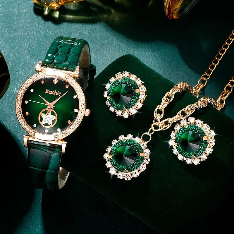 4PCS Set Green Luxury Quartz Watch Women Necklace Earring Rhinestone ...