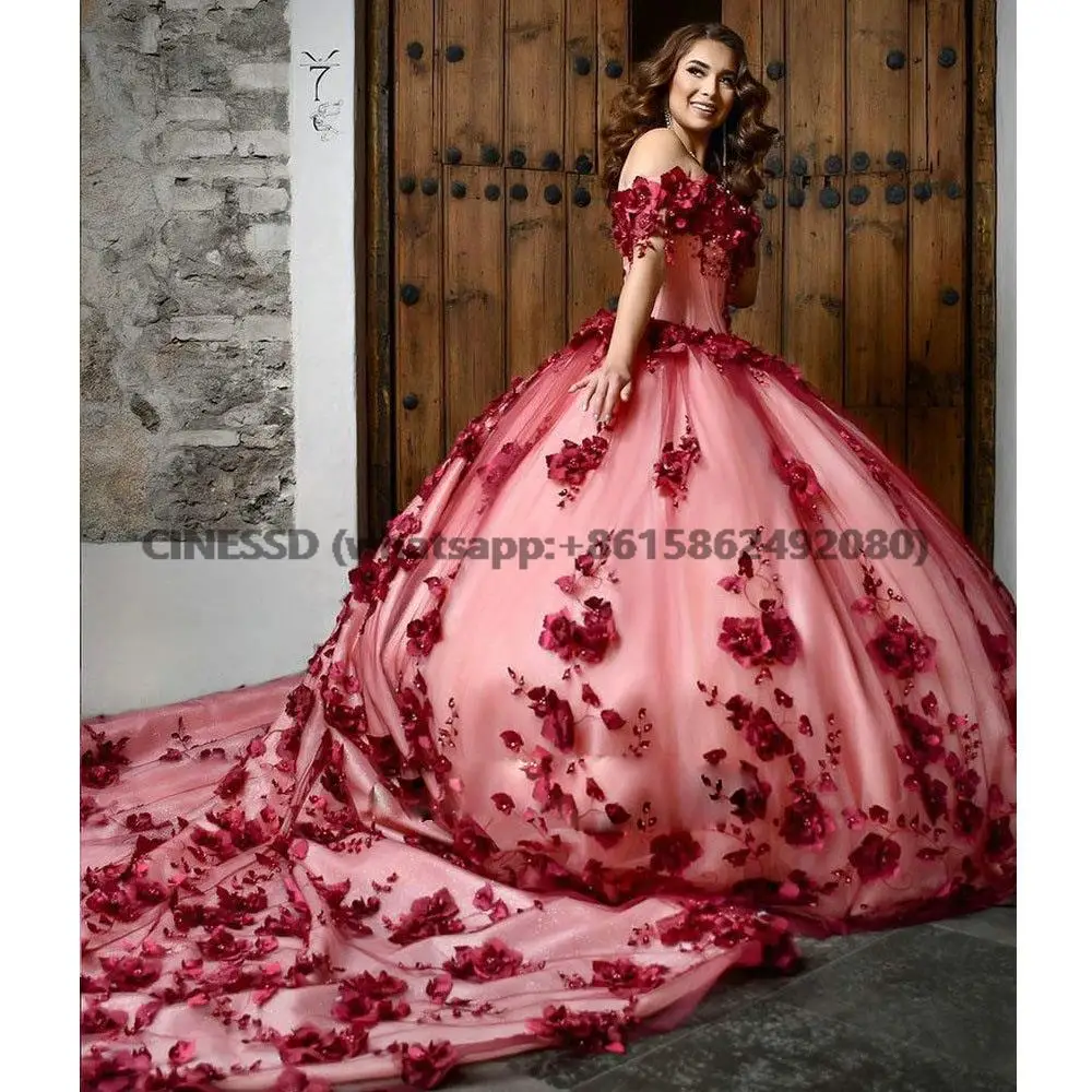 Vestido-de-quincea-era-con-flores-3D-de-perlas-Rojas-vestido-de-Baile ...