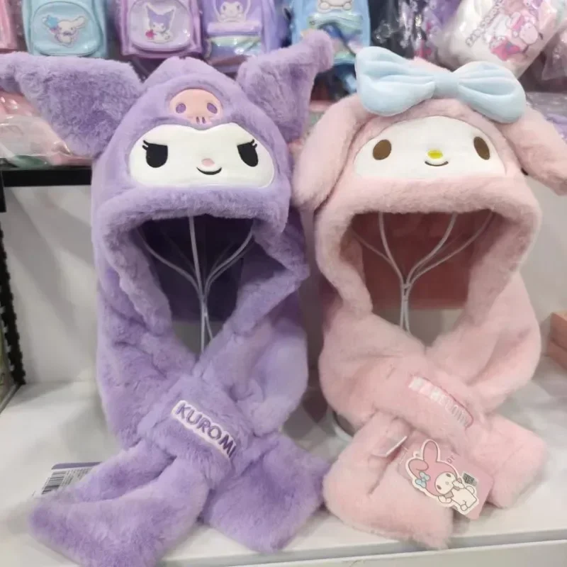 Cartoon Cute Anime Kuromi Children's Hat Scarf all-in-one Winter Ear ...