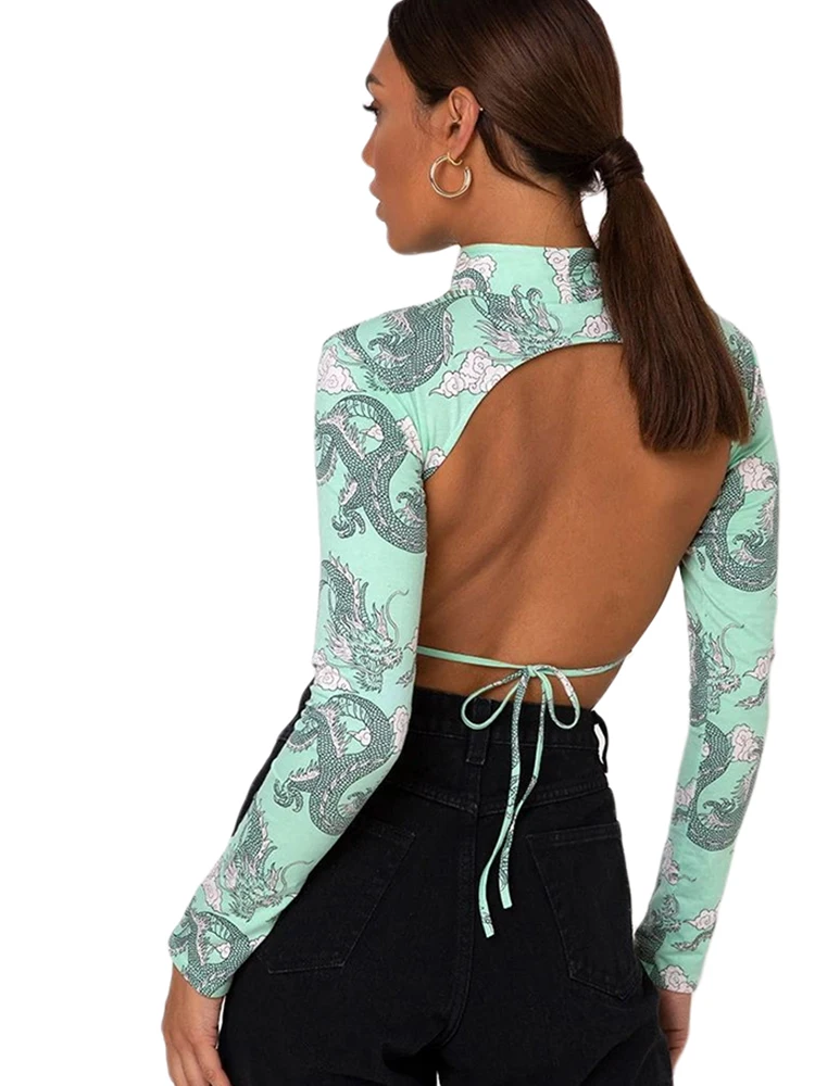 Women-Dragon-Pattern-Print-Crop-T-shirts-Tops-Long-Sleeve-Backless ...