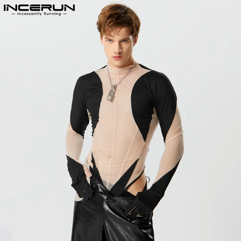 Mode-M-nner-Bodys-Mesh-Patchwork-transparent-sexy-Roll-kragen-Langarm-Handschuhe-Stram-pler-M ...